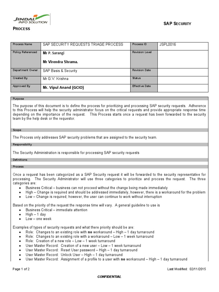 JSPL - SOP - Process - SAP Security Requests Triage Process - JSPL0016 ...