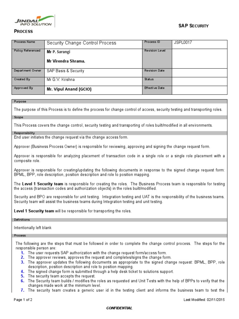 Security Change Control Process: Sap S P | Download Free PDF | Software ...