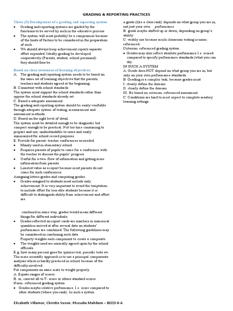 GRADING AND REPORTING PRACTICESS Report | PDF | Educational Assessment ...