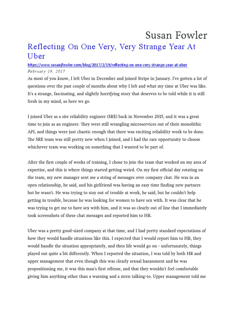 Susan Fowler: Reflecting On One Very, Very Strange Year at Uber | PDF ...