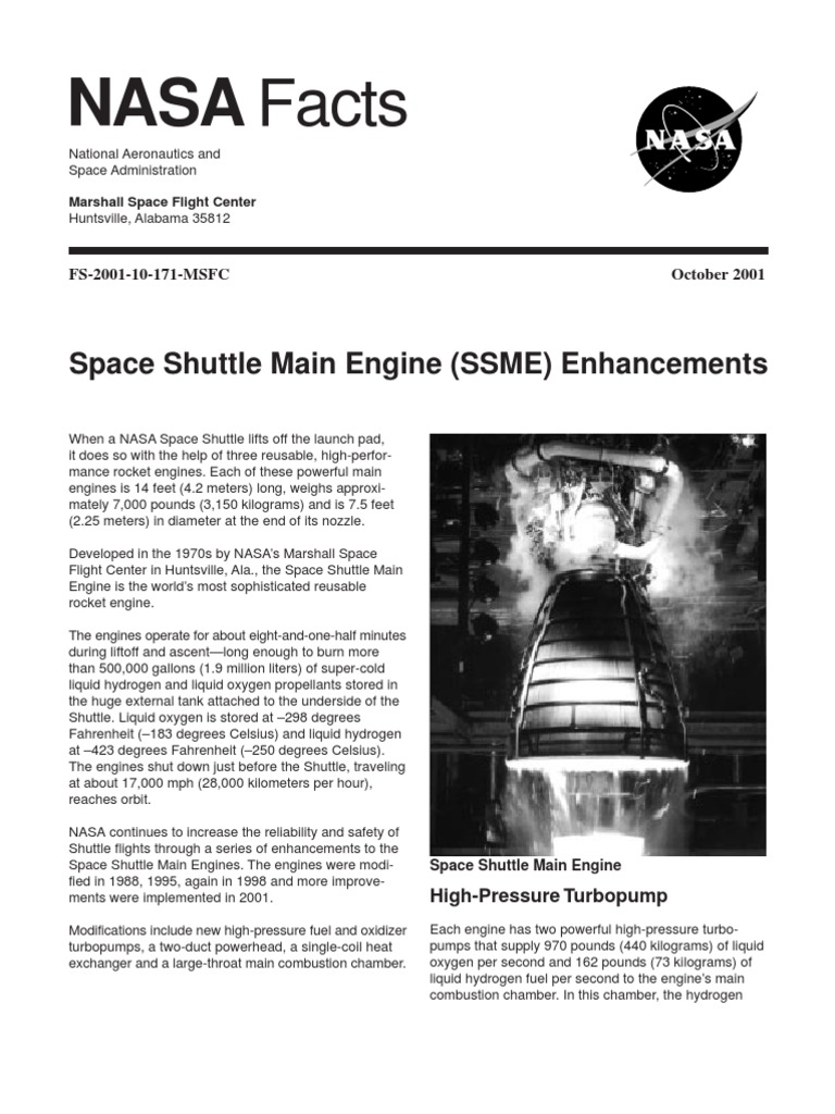 NASA Facts Space Shuttle Main Engine (SSME) Enhancements 2001 | PDF ...