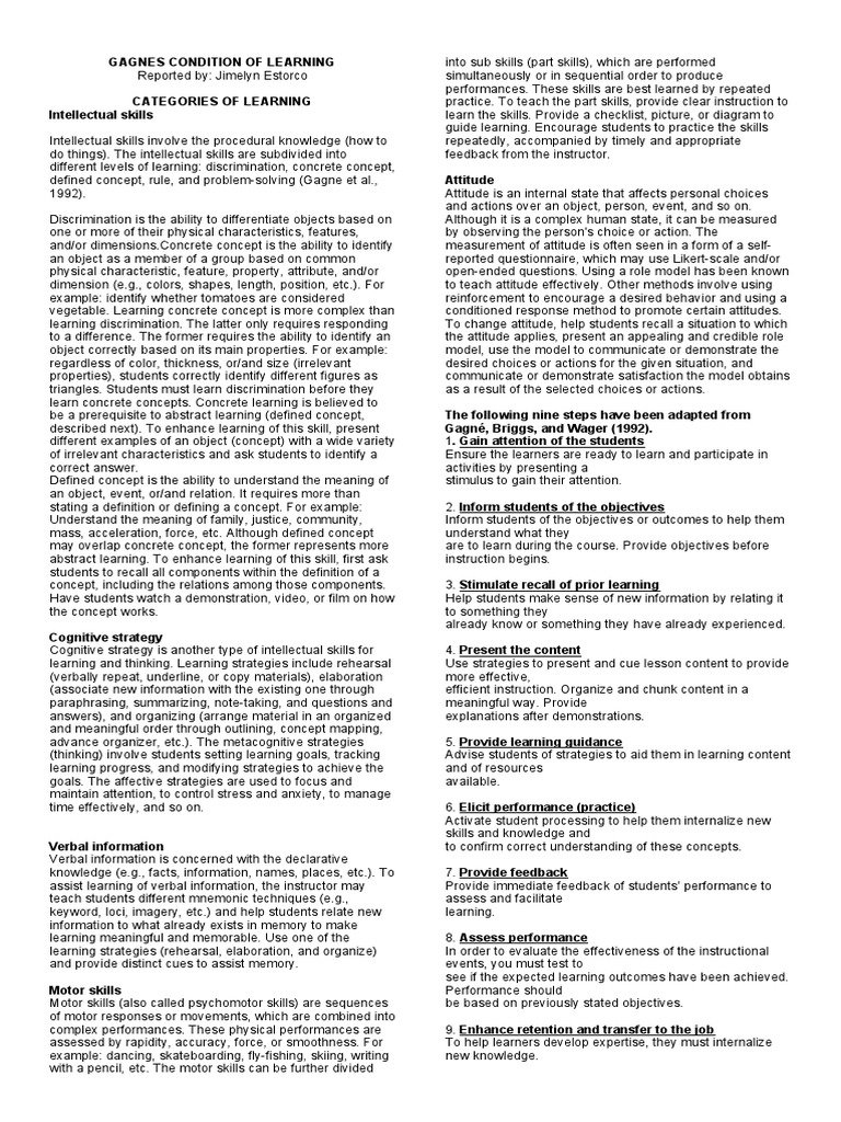 Gagnes Condition of Learning | PDF | Attitude (Psychology) | Concept
