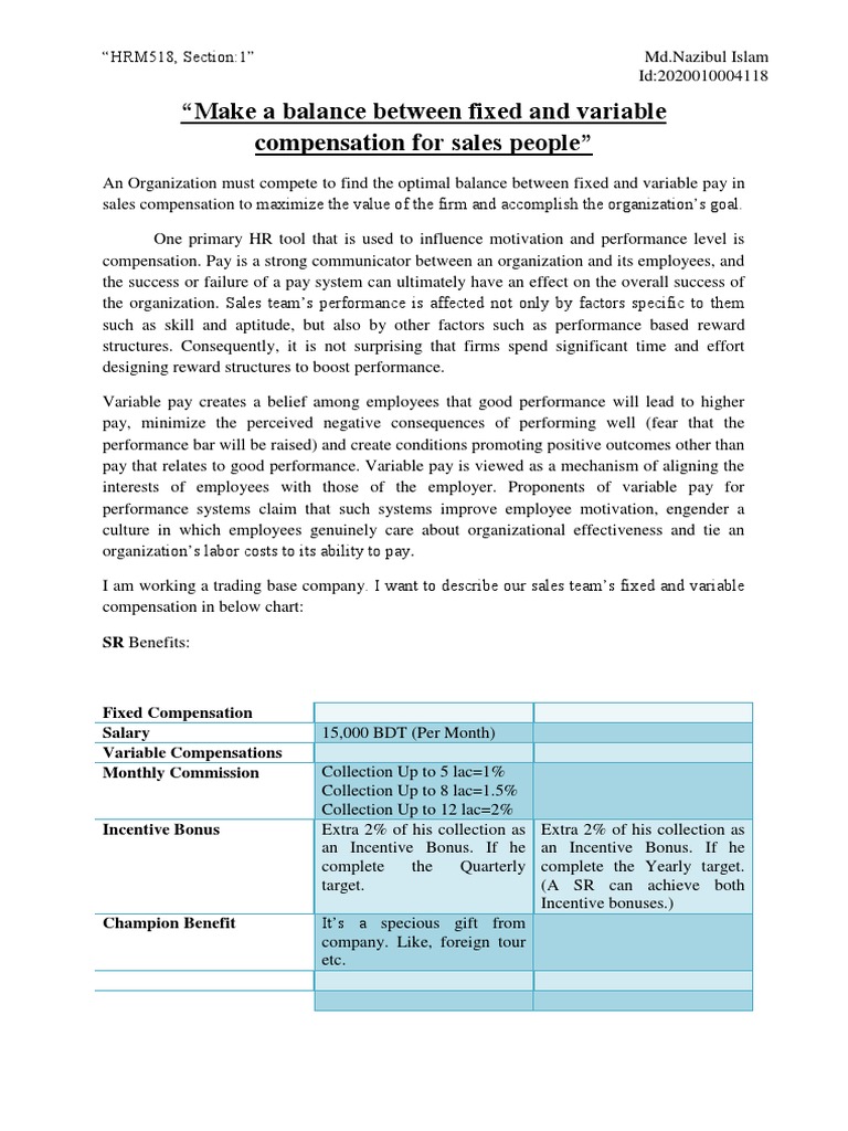 Balance Between Fixed and Variable Compensation For Sales People | PDF ...