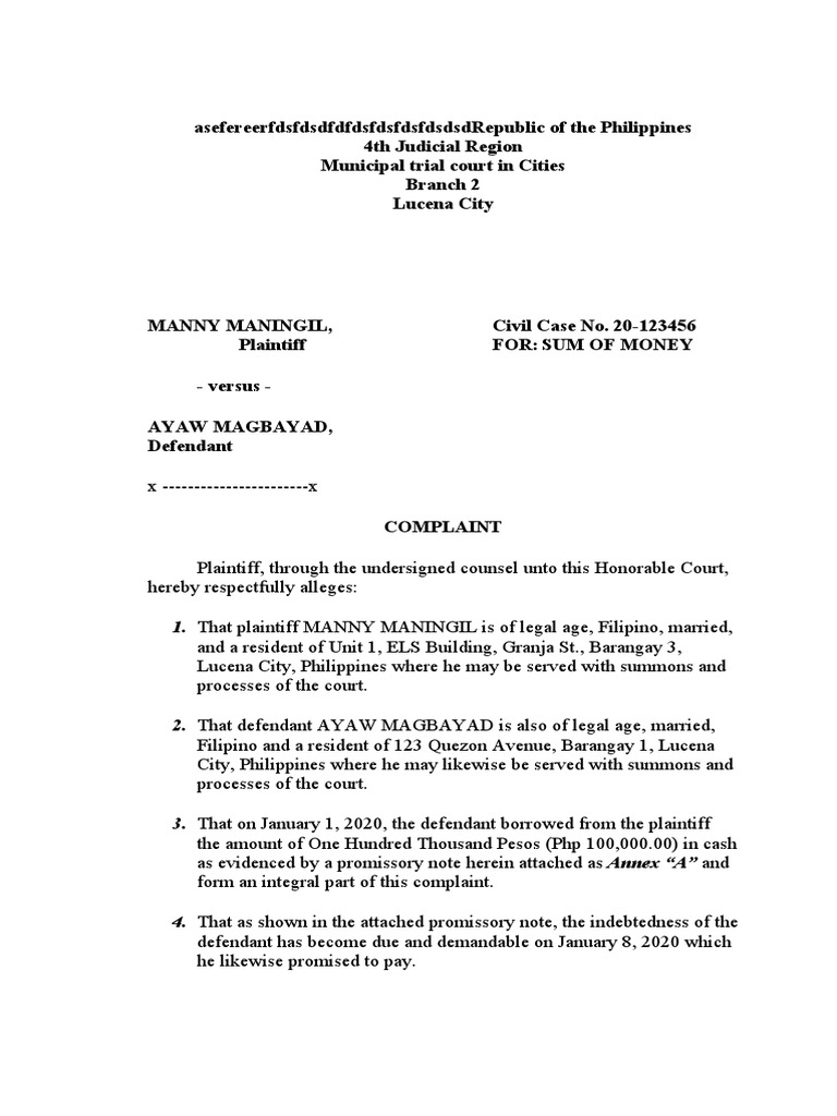 Sample Complaint For Collection For A Sum of Money1 | PDF | Lawsuit ...