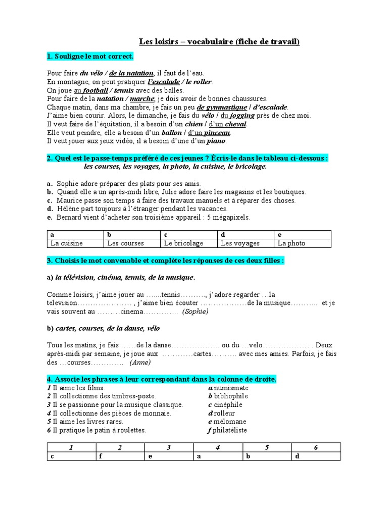 Les Loisirs - Fiche de Vocabulaire | PDF | Des sports | Peintures