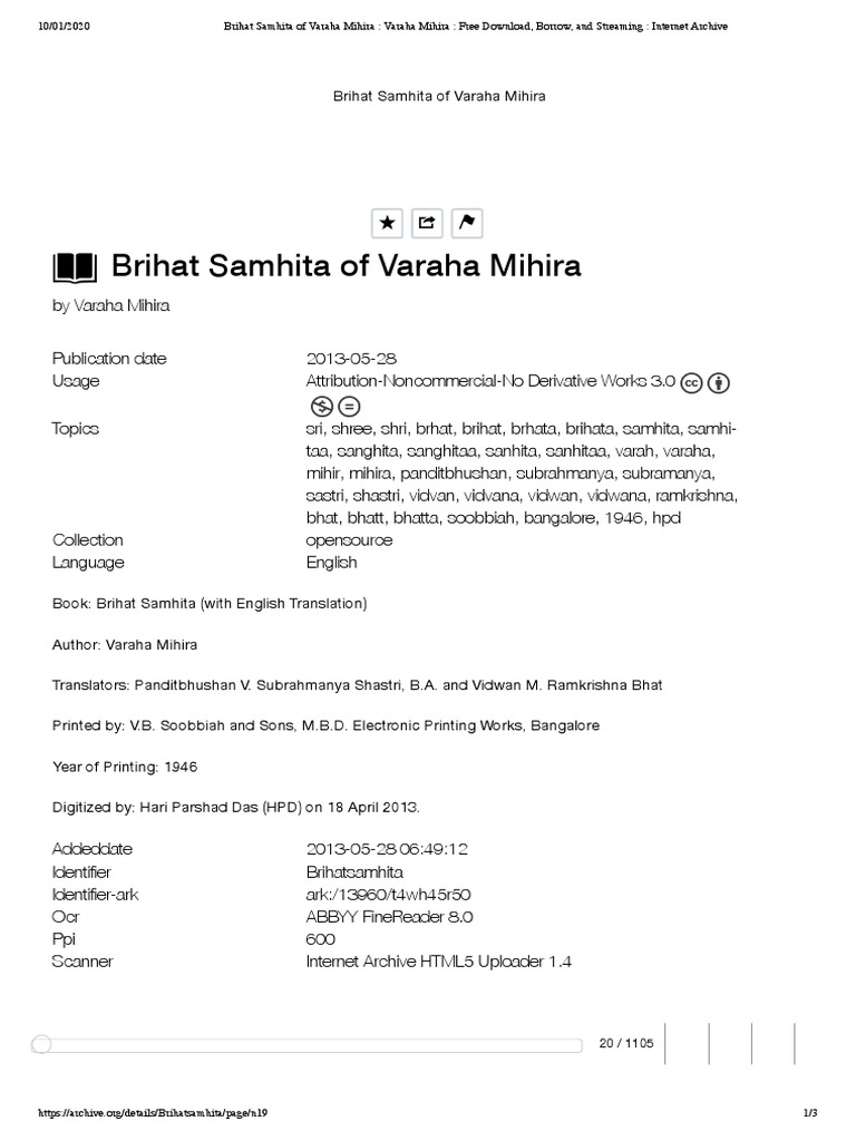 Brihat Samhita of Varaha Mihira - Varaha Mihira - Free Download, Borrow, and Streaming ...