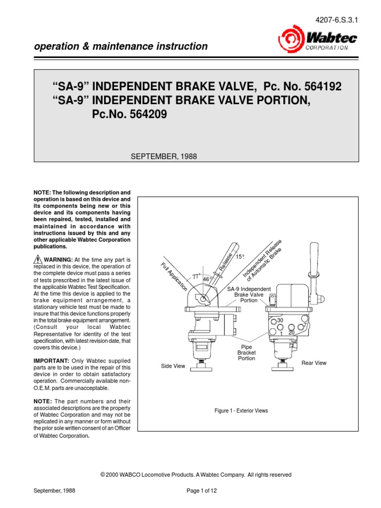 "Sa-9" Independent Brake Valve, Pc. No. 564192 "Sa-9" Independent Brake ...