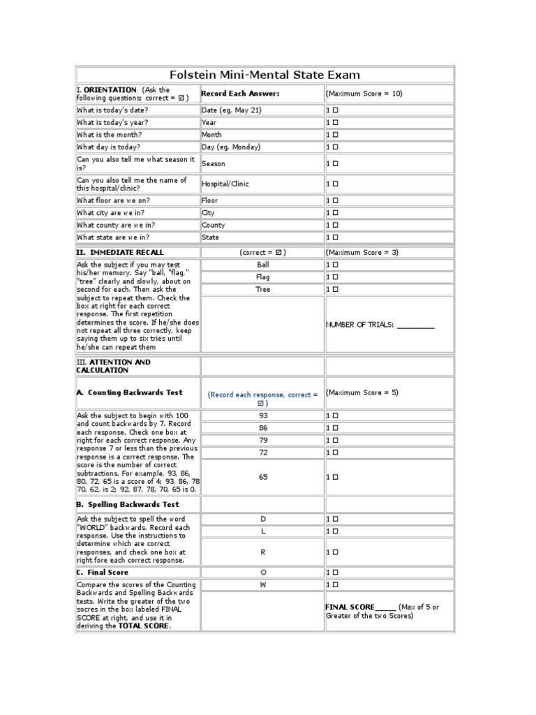 Folstein Mini-Mental State Exam: Record Each Answer | PDF | Mental Processes | Neuropsychology