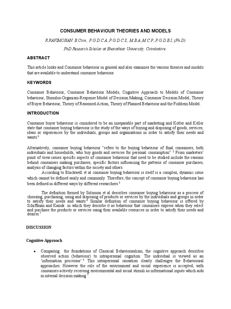 Consumer Behaviour Theories and Models | PDF | Consumer Behaviour ...