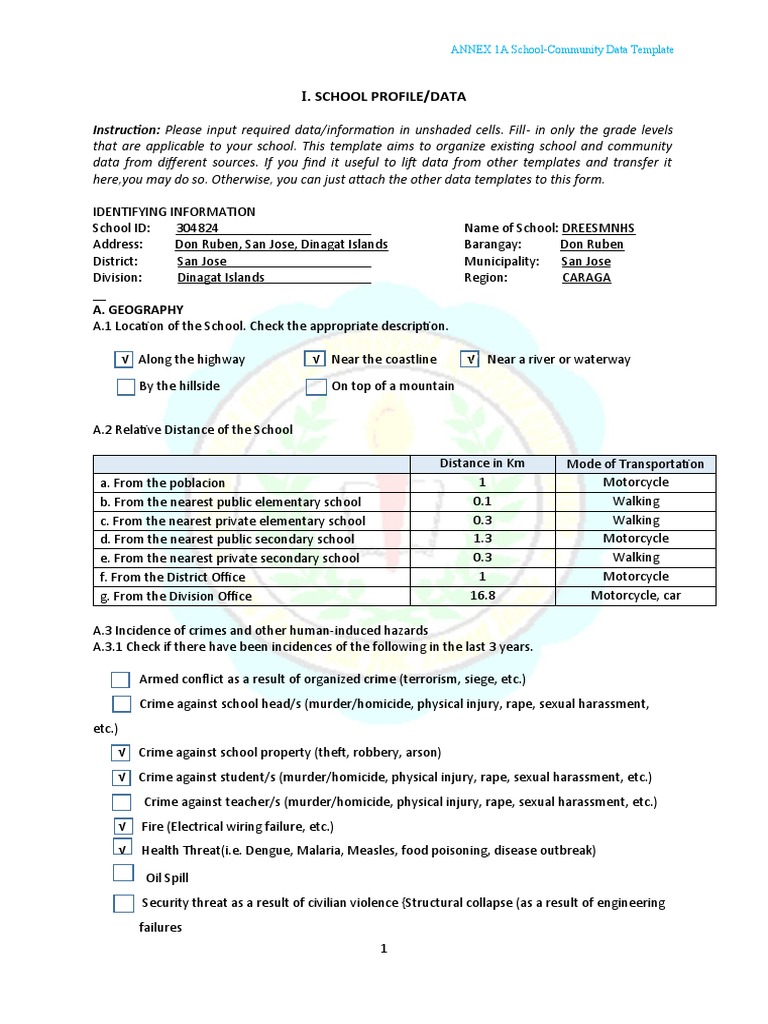 DREESMNHS - SIP Annex 1A-SRC School-Communty Data Template | PDF | Natural Hazards | Hazards
