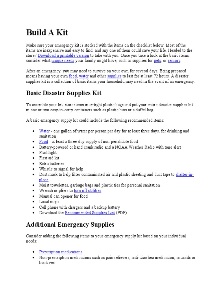 Build A Kit: Basic Disaster Supplies Kit | PDF | Nature