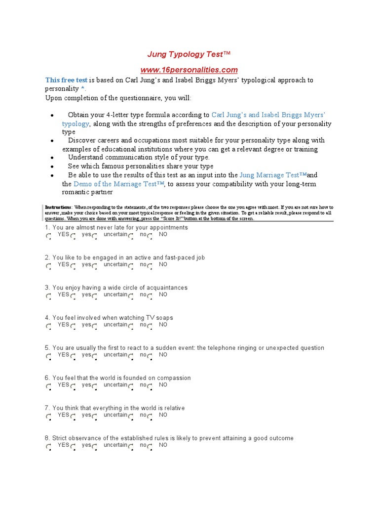 Jung Typology Test | PDF | Personality Type | Feeling