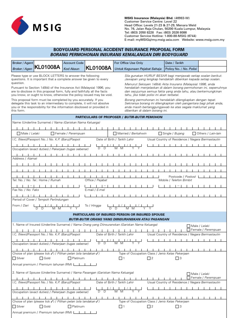 MSIG Malaysia Bodyguard Personal Accident Insurance Proposal Form | PDF