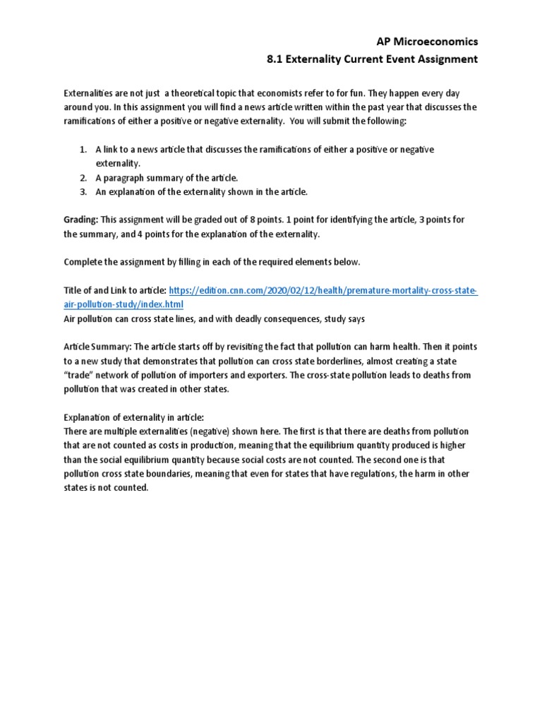 AP Microeconomics 8.1 Externality Current Event Assignment | PDF
