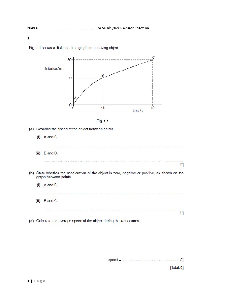 Name - IGCSE Physics Revision: Motion 1 | PDF
