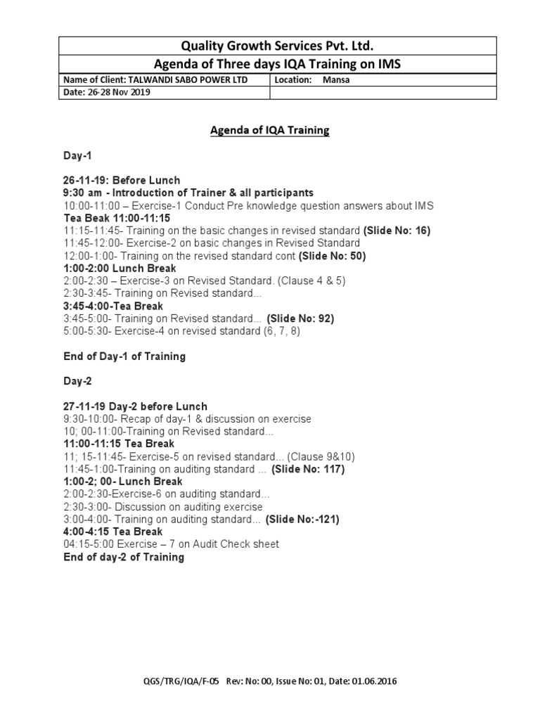 Agenda For IQA Training - TSPL | PDF