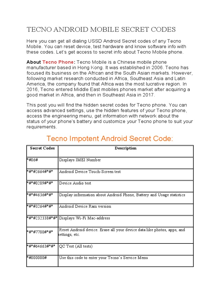 Tecno Android Mobile Secret Codes | PDF | Mobile Phones | Android (Operating System)