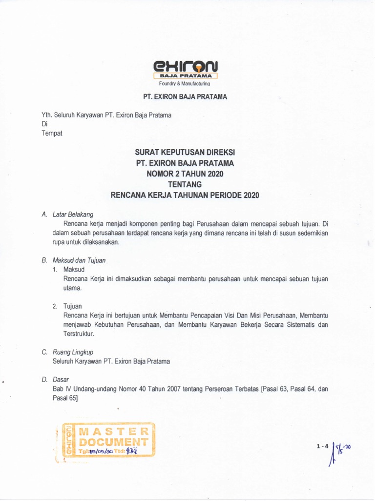 Surat Keputusan Direksi No. 2 Tahun 2020 Tentang Rencana Kerja Tahunan ...