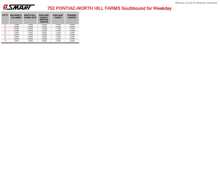 752 PONTIAC-NORTH HILL FARMS Southbound For Weekday Schedule | PDF