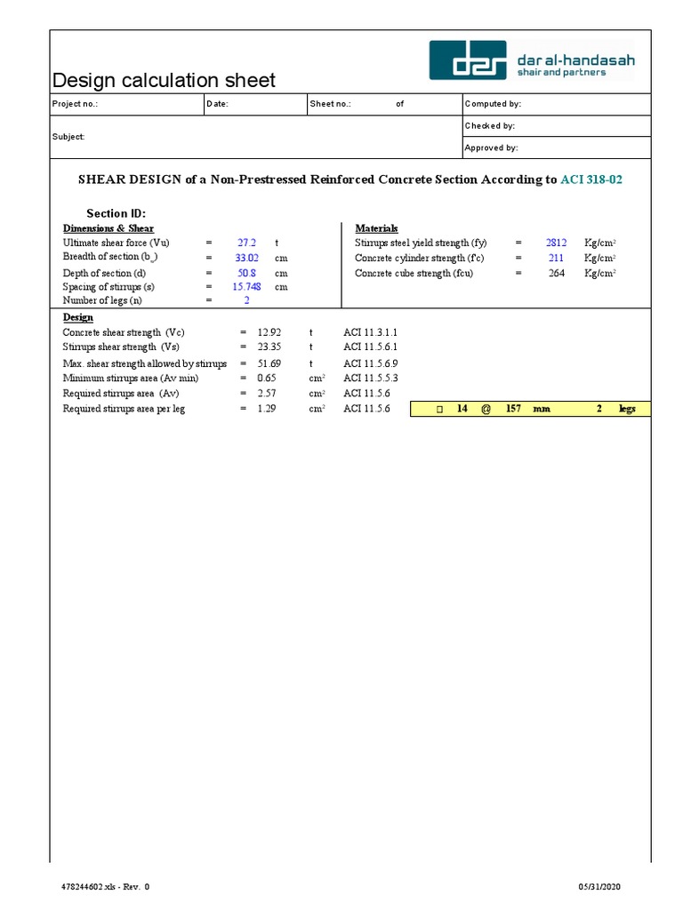 Design Calculation Sheet: SHEAR DESIGN of A Non-Prestressed Reinforced ...
