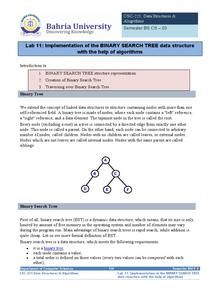 Lab 11 Implementation Of The Binary Search Tree Data Structure With