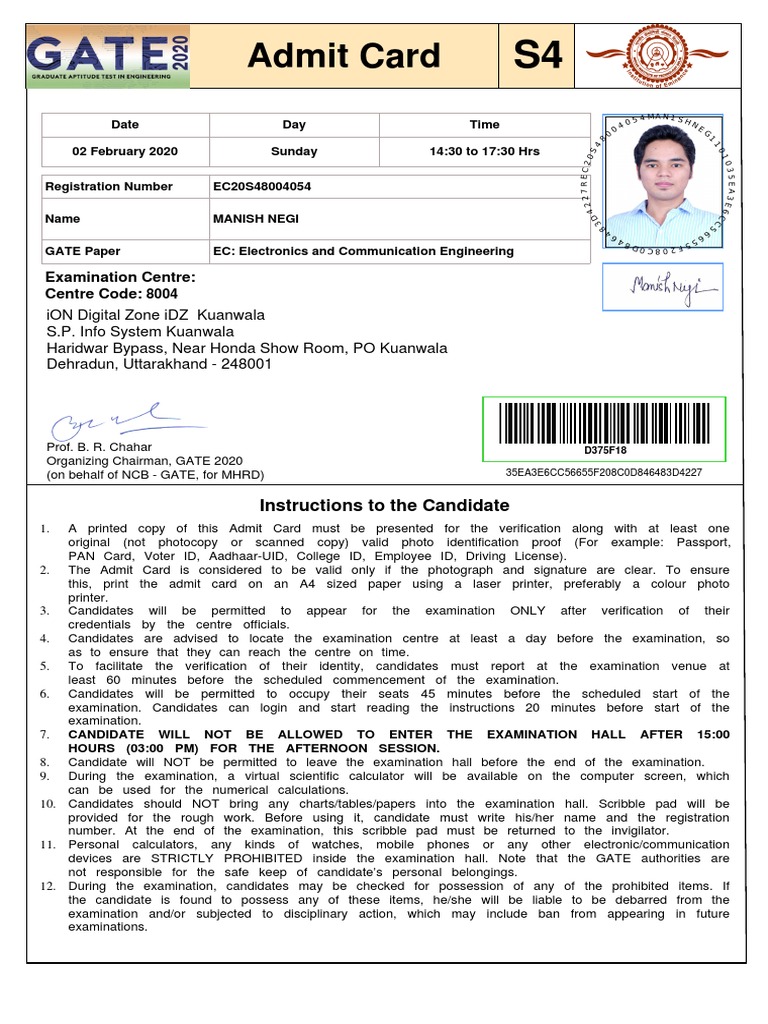 Manish Negi's GATE 2020 Admit Card for Electronics and Communication Engineering paper on ...
