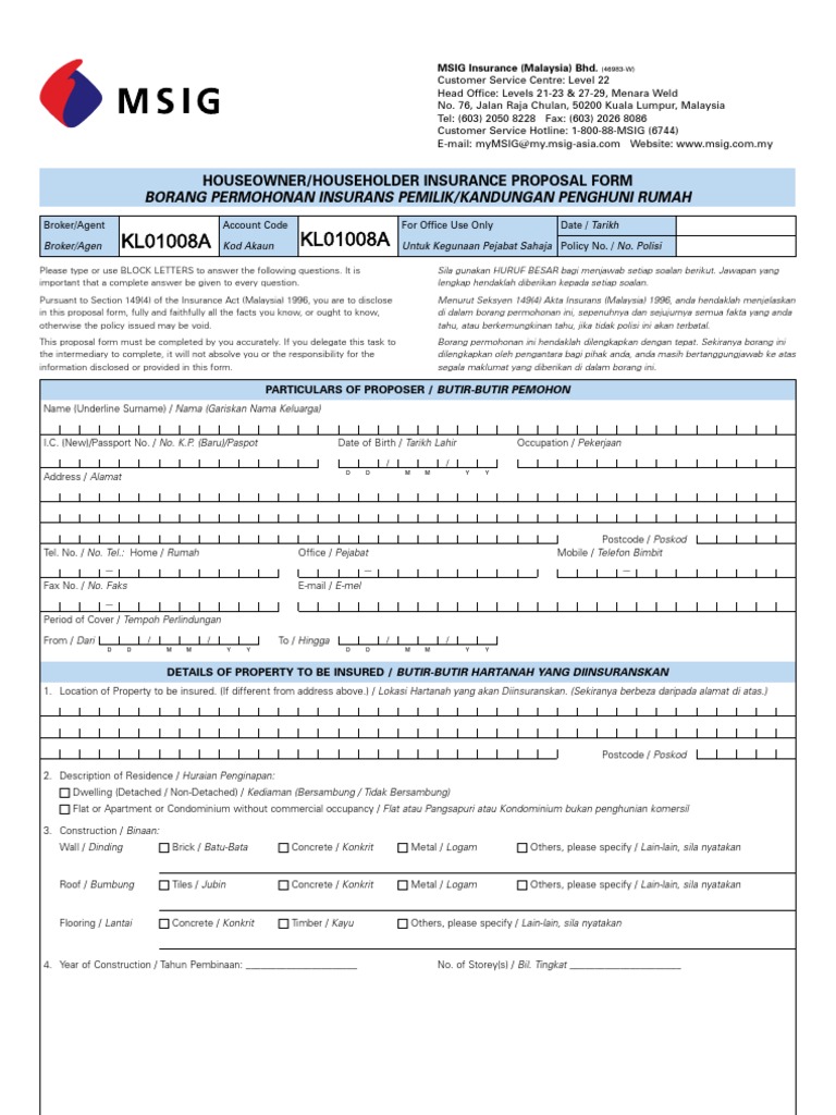 MSIG Malaysia Houseowner/Householder Insurance Proposal Form | PDF