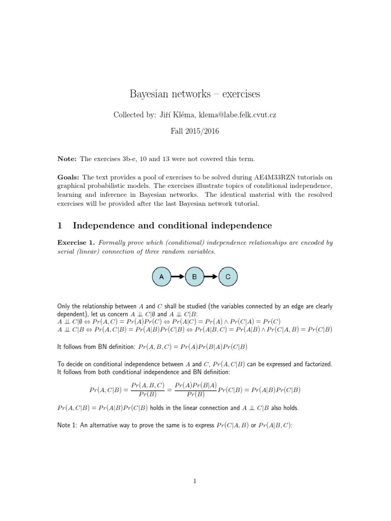 Bayesian Networks - Exercises: 1 Independence and Conditional ...