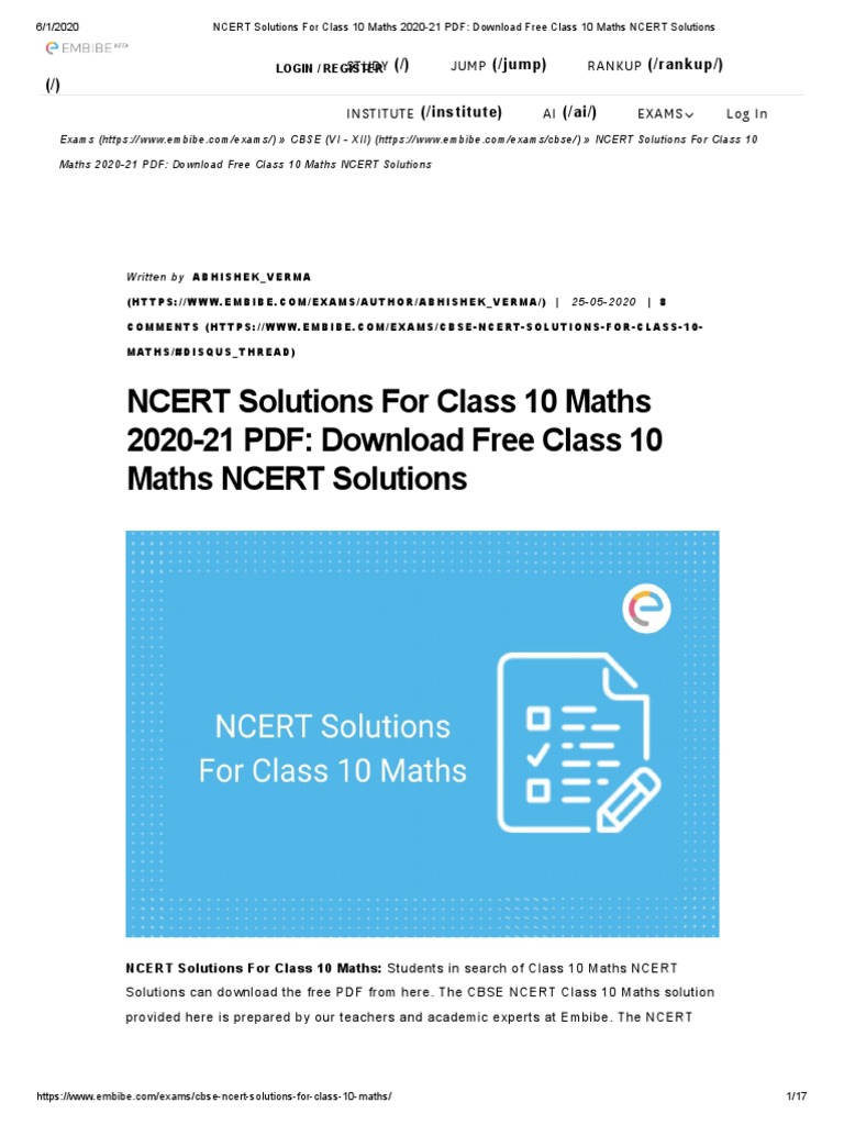 NCERT Solutions For Class 10 Maths 2020-21 PDF: Download Free Class 10 ...