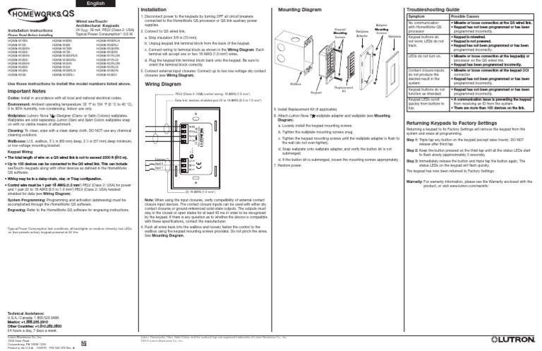 Installation Instructions: Wired Seetouch Architectural Keypads ...
