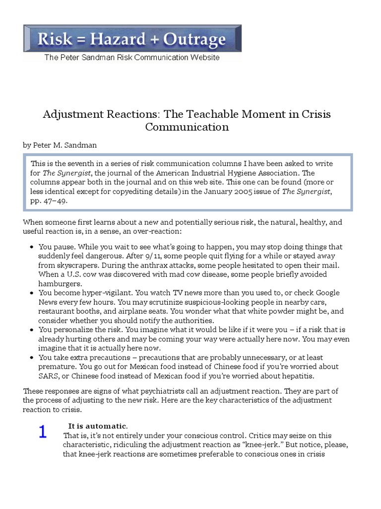 Adjustment Reactions: The Teachable Moment in Crisis Communication | PDF