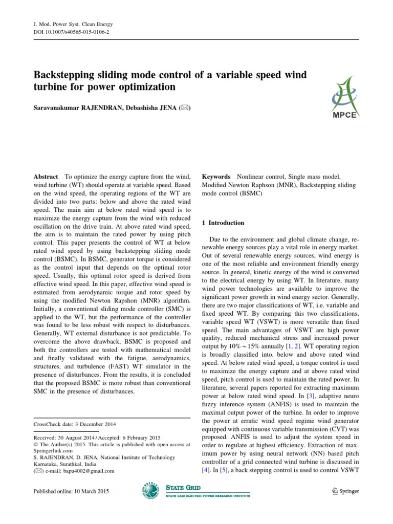 Backstepping Sliding Mode Control Of A Variable Speed Wind Turbine For Power Optimization Pdf