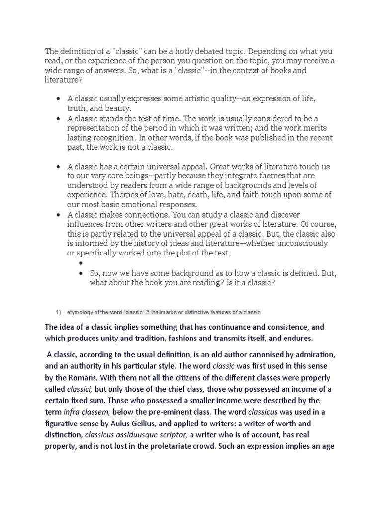 1) Etymology of The Word "Classic" 2. Hallmarks or Distinctive Features ...