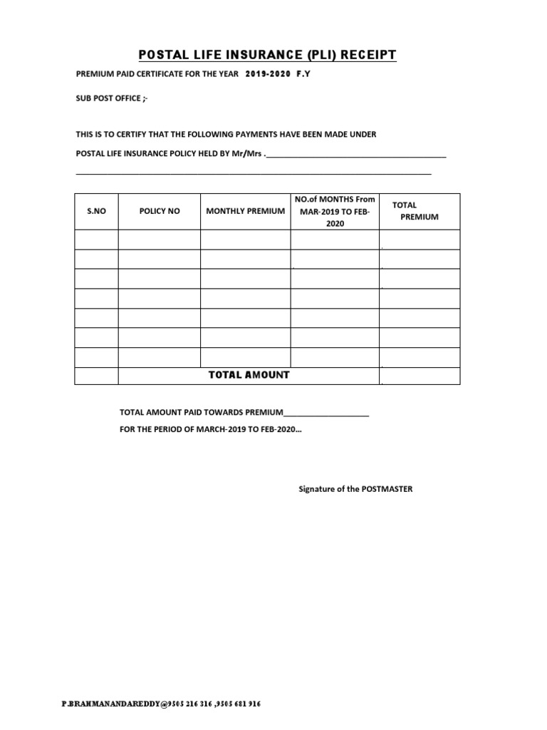 Postal Life Insurance (Pli) Receipt | PDF