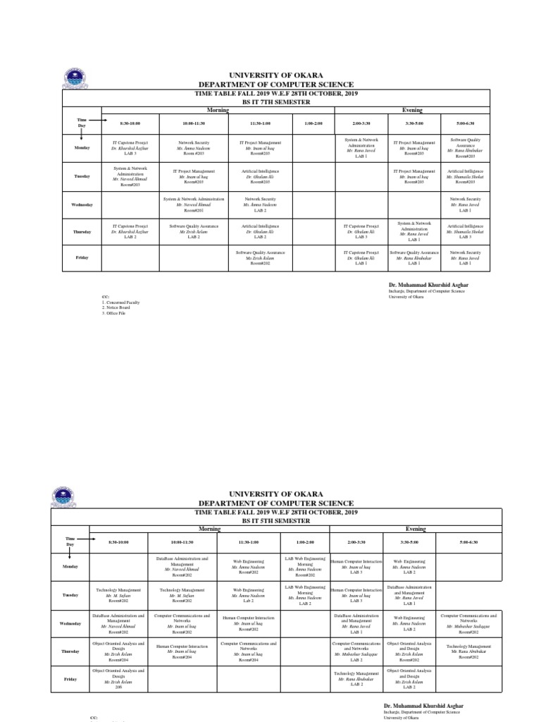 University of Okara Department of Computer Science: Time Table Fall ...