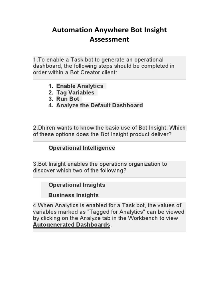 Automation Anywhere Bot Insight Assessment PDF | PDF