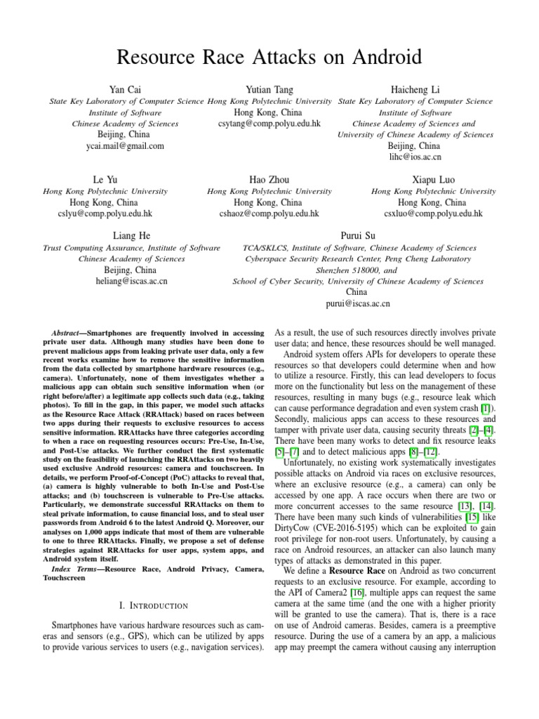 Resource Race Attacks On Android: Yan Cai Yutian Tang Haicheng Li | PDF ...