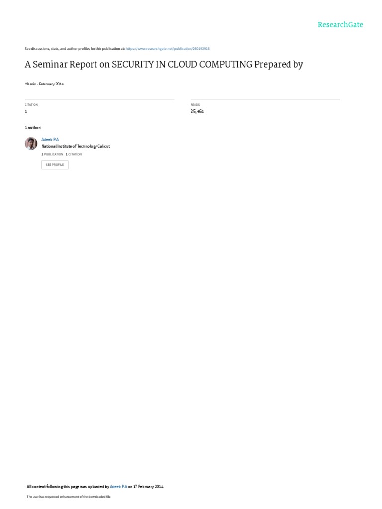 A Seminar Report On SECURITY IN CLOUD COMPUTING Prepared By: February ...