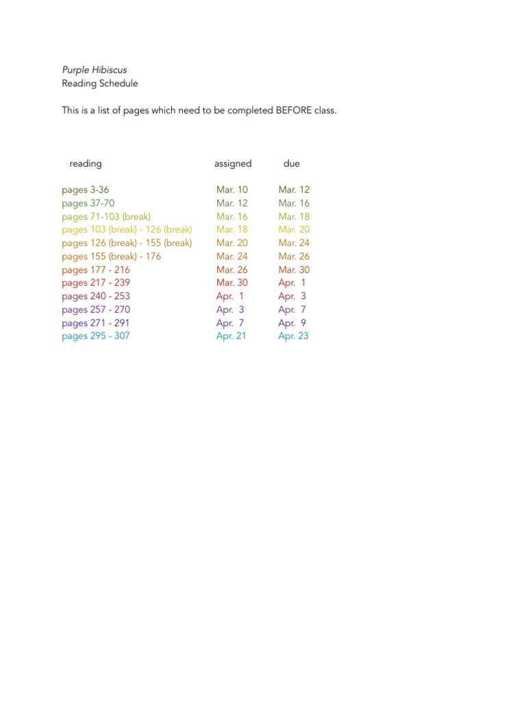 Purple Hibiscus Reading Schedule 2020 PDF | PDF
