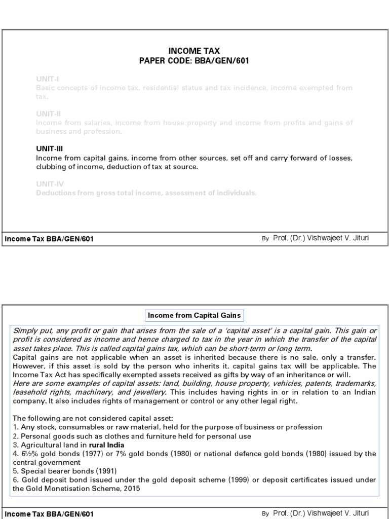 NOTES 5 - Income Tax 601 - BBA-6 Sem | PDF | Capital Gains Tax | Expense