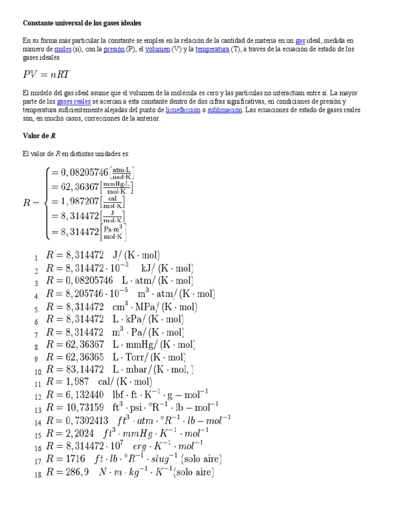 Constante Universal de Los Gases Ideales R DE PV RNT | PDF | Ciencia y ...
