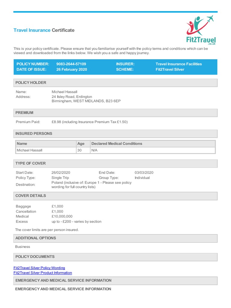 Certificate: Travel Insurance | PDF | Insurance | Financial Services
