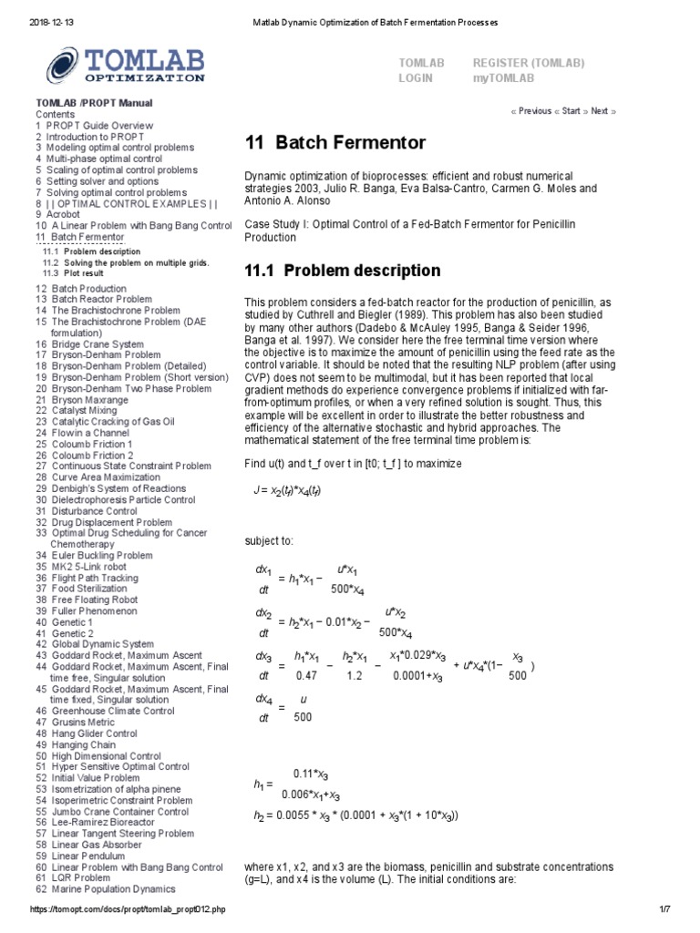 Matlab Dynamic Optimization of Batch Fermentation Processes | PDF ...