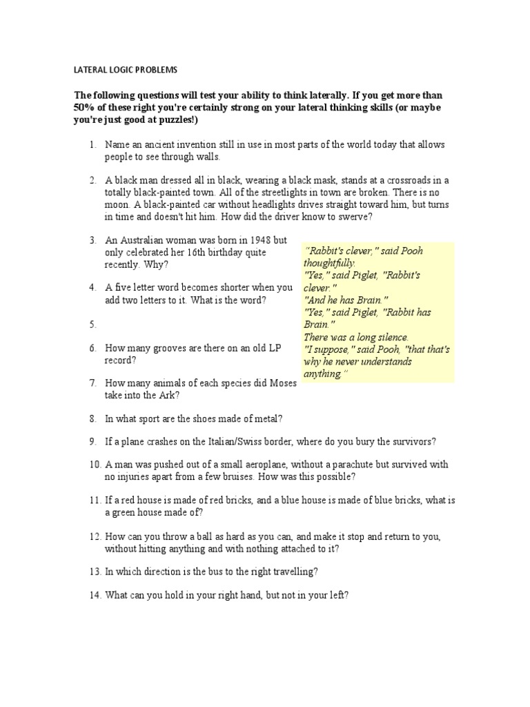 Lateral Thinking Puzzle Challenges | PDF | Mystery, Thriller & Crime ...