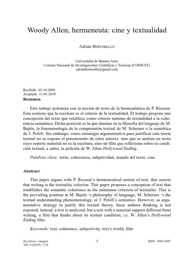 Woody Allen, Hermeneuta: Cine y Textualidad: Resumen | PDF | Filosofía | Ficción general