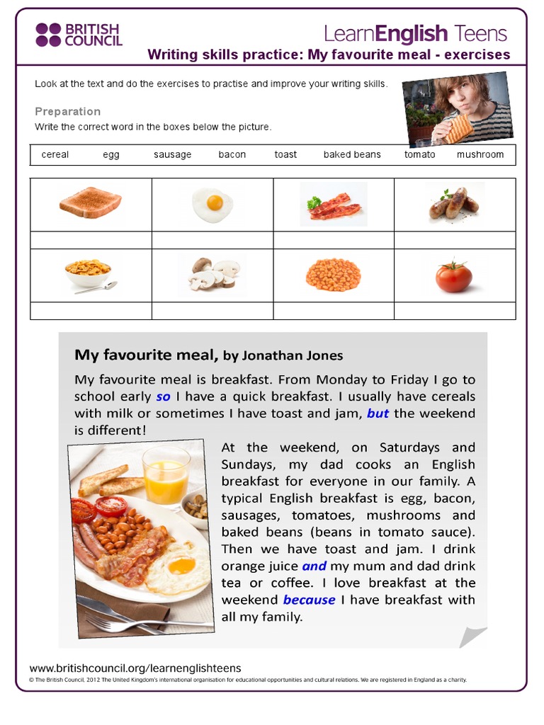 Writing Skills Practice: My Favourite Meal - Exercises: Preparation ...