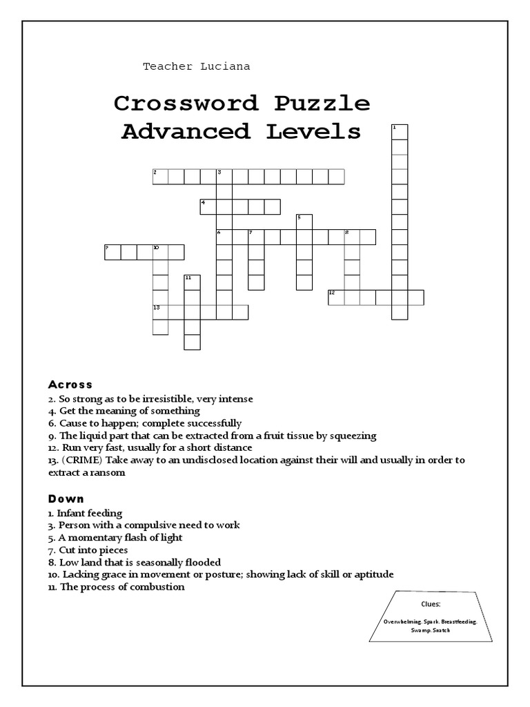 Crossword Puzzle Advanced Levels: Teacher Luciana | PDF
