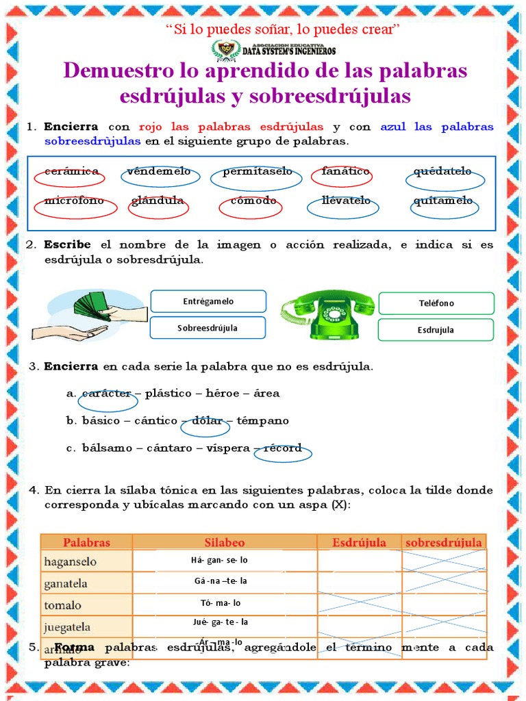 Actividades con palabras esdrújulas y sobresdrújulas | PDF