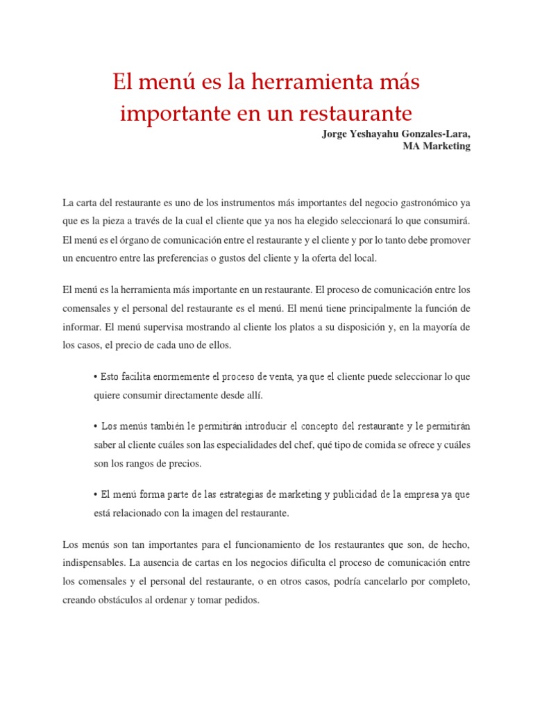 El Menú Es La Herramienta Más Importante en Un Restaurante | PDF | Menú ...