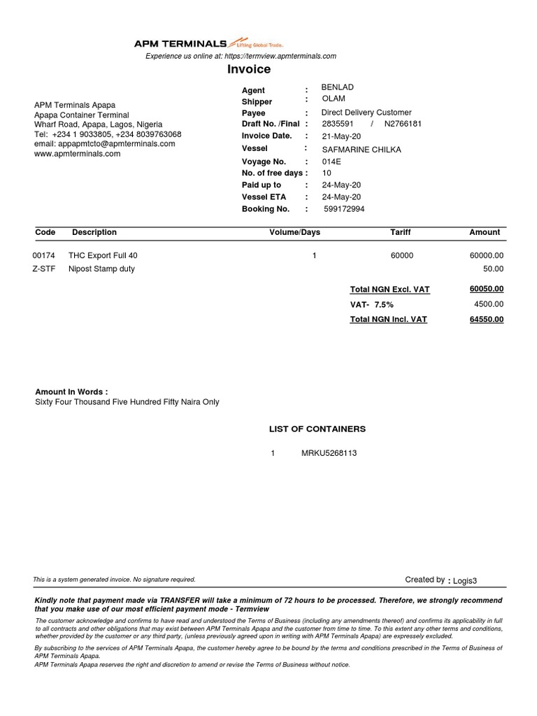 Invoice: List of Containers | PDF | Payments | Invoice